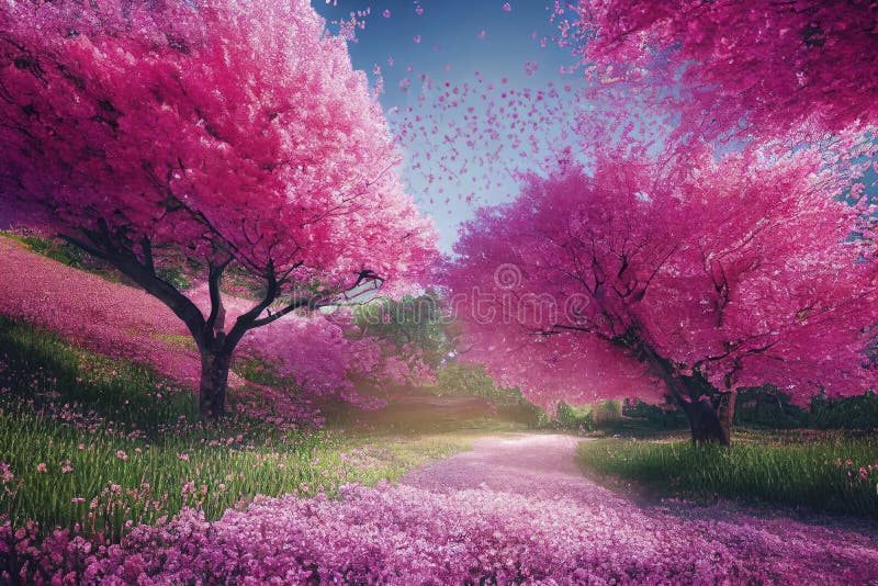 Romantic Tunnel of Pink Sakura Blossom Trees in the Spring, Generative ...