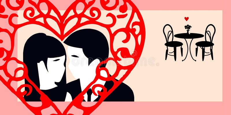 Romantic Valentine Couple Heart Dinner Filigree Illustration Stock ...