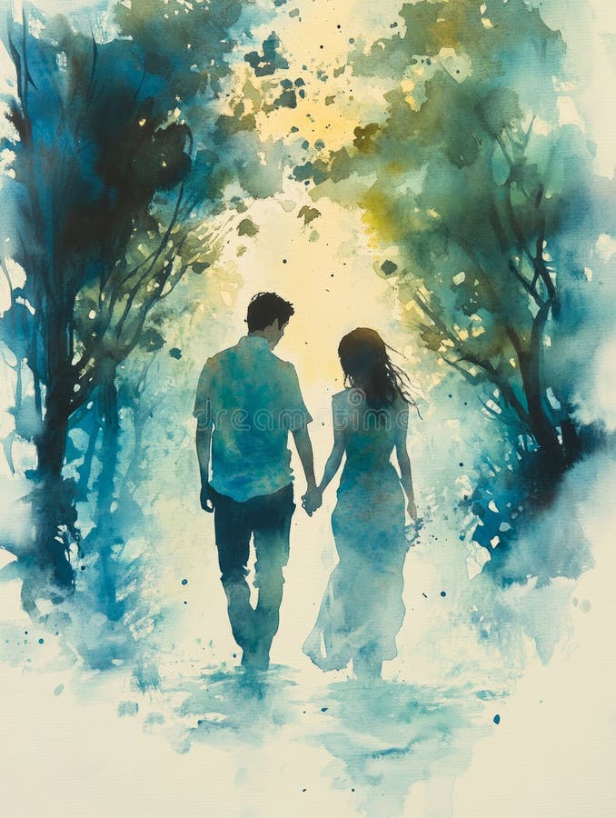 Romantic Watercolor Couple Walking Hand in Hand through a Forest. Stock ...