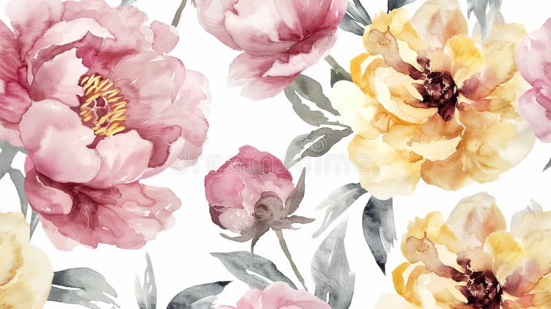 Romantic Watercolor Peony Floral Pattern Designs Stock Photo - Image of ...