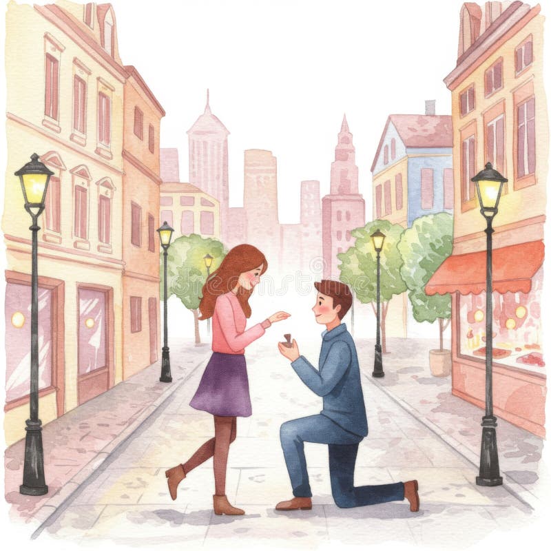 Romantic Watercolor Proposal in City Street Stock Illustration ...