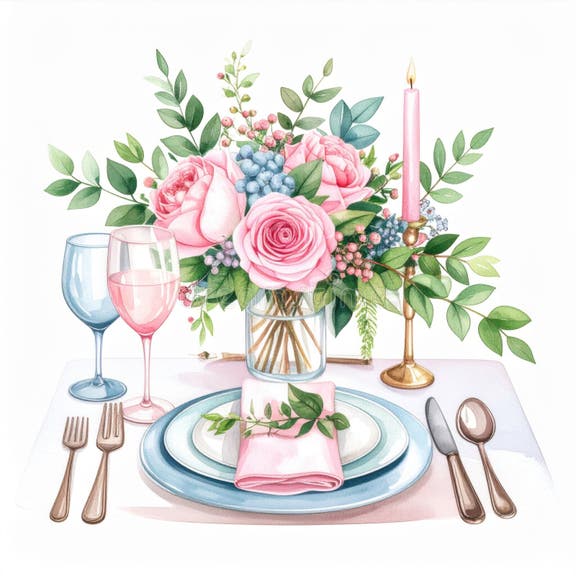 Romantic Watercolor Table Setting with Pink Roses Stock Illustration ...