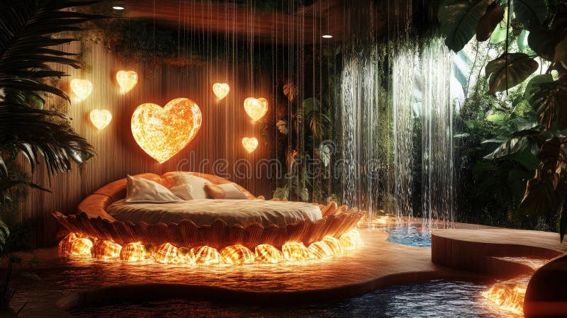 Romantic Waterfall Bedroom Design Featuring Illuminated Hearts Stock ...