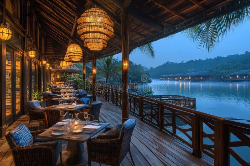 A Romantic Waterside Dining Setup, Elegant and Serene, Restaurant Theme ...