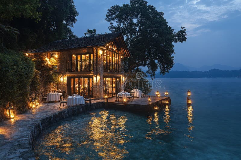 A Romantic Waterside Dining Setup, Elegant and Serene, Restaurant Theme ...