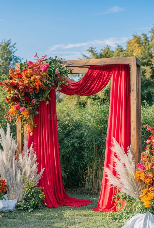 Romantic Wedding Arch Decor with Red Drapes Stock Illustration ...