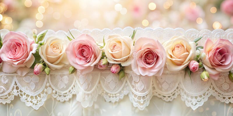 Romantic Wedding Banner with Elegant Lace and Soft Pink Roses in the ...