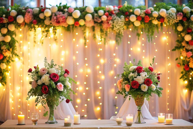 Romantic Wedding Ceremony Backdrop with Flowers and Lights Stock ...