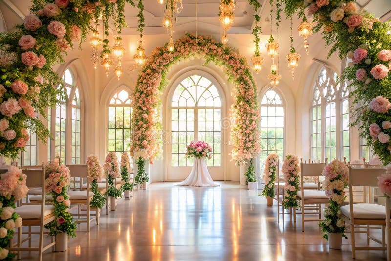 Romantic Wedding Ceremony Setup with Floral Arch and Chandeliers Stock ...
