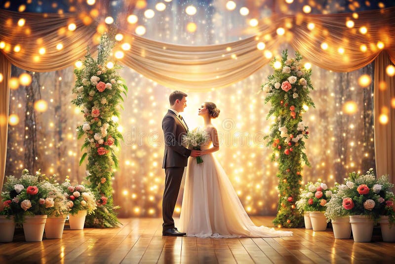Romantic Wedding Couple Under Sparkling Lights Stock Illustration ...