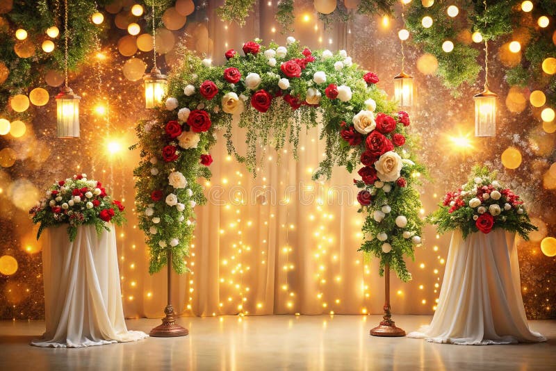 Romantic Wedding Floral Arch with Lights Stock Illustration ...