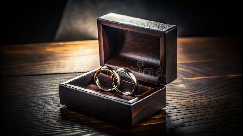 Romantic Wedding Rings Silhouette in Elegant Black Wooden Box a ...