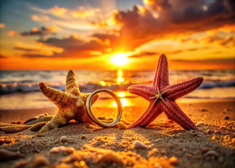 Romantic Wedding Rings on a StarfishStudded Beach at Sunset a Symbol of ...