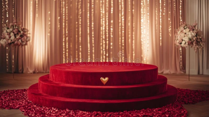 Romantic Wedding Stage Decor with Red Carpet and Golden Lights Stock ...