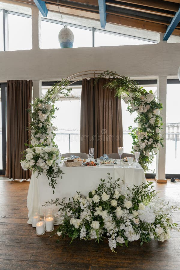 Romantic Wedding Table with Floral Arch Elegance Stock Photo - Image of ...