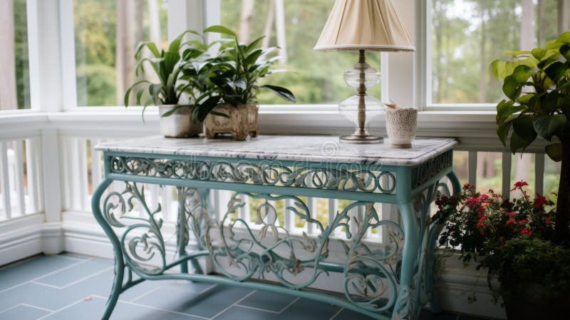 Romantic Whimsy Old Blue Console Table on a Light and Airy Porch Stock ...