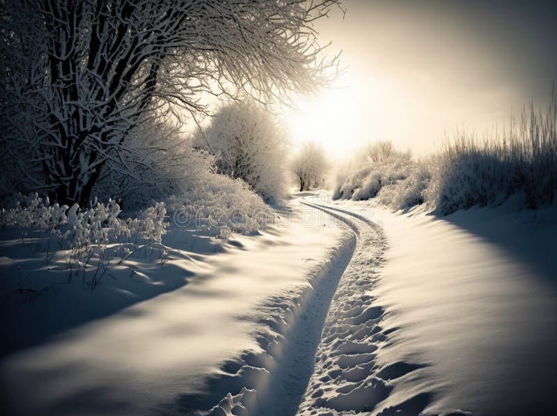White Snowy Path in a Winter Landscape Illuminated by the Morning Sun ...
