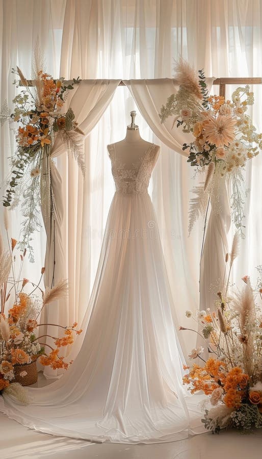 Romantic White Wedding Setting with Floral Decor and Bridal Gown in ...