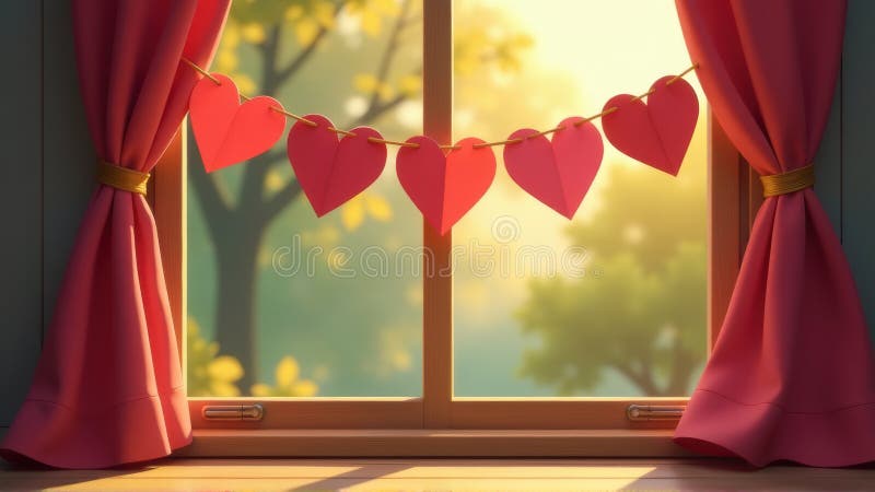 Romantic Window with Heart Garland Stock Illustration - Illustration of ...