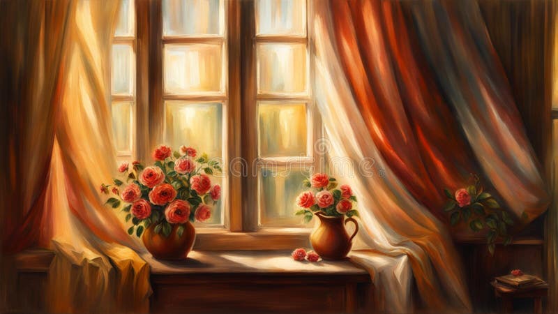 Sunlit Roses by the Window - a Romantic Generative AI Scene Stock Image ...