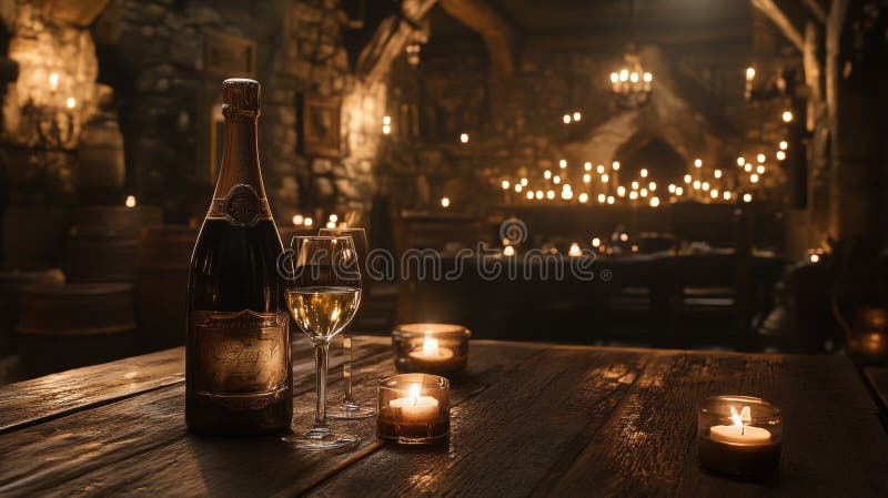 Romantic Wine Bottle and Candles on Rustic Wooden Table in Dark ...