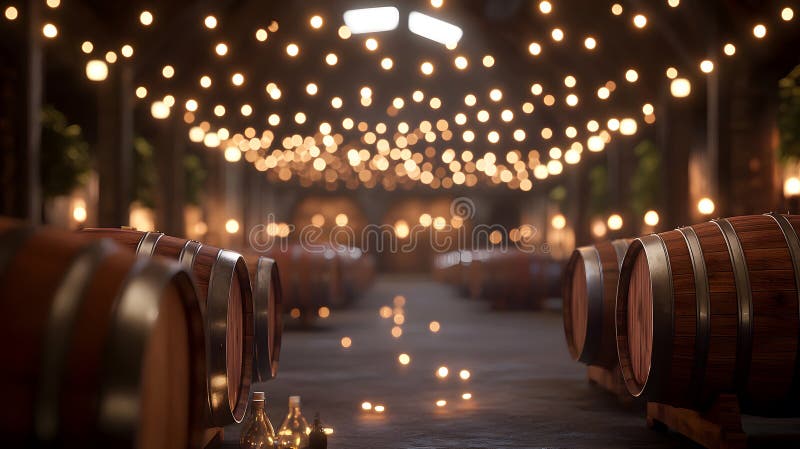 Romantic Wine Cellar with Oak Barrels String Lights and Bottles AI ...
