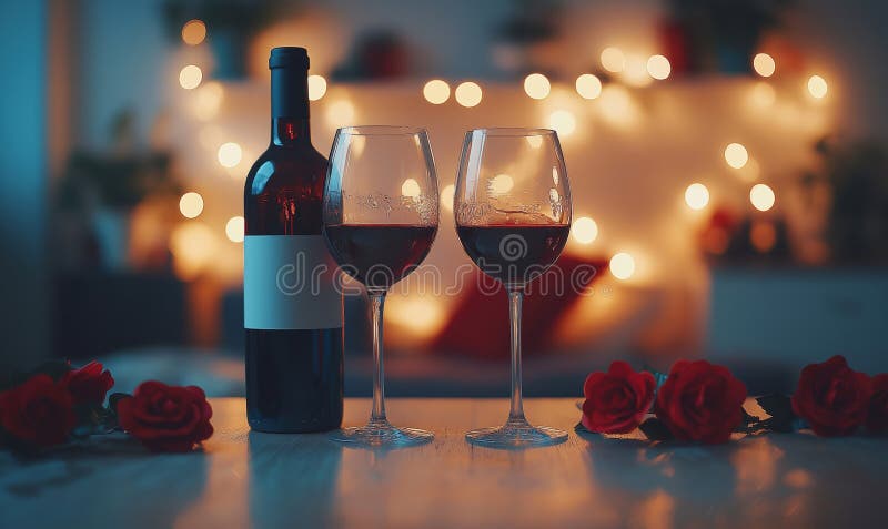Romantic Wine Setting with Red Roses and Soft Glowing Lights in ...