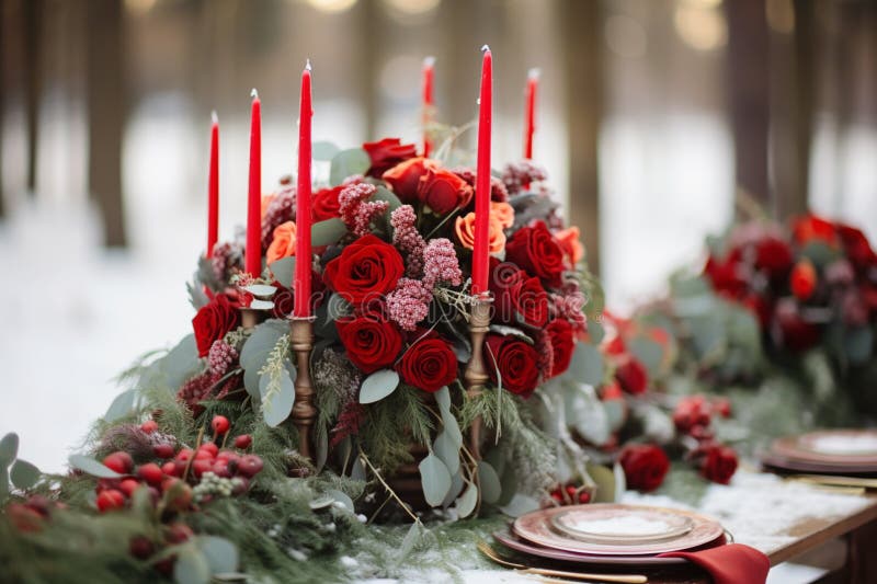 Romantic Winter Setting Wedding Decor Enhanced with Classic Red Roses ...