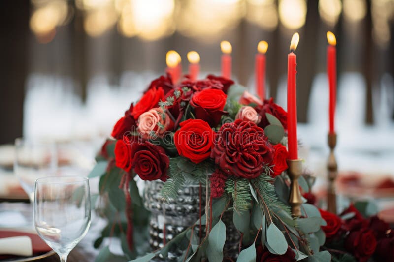 Romantic Winter Setting Wedding Decor Enhanced with Classic Red Roses ...