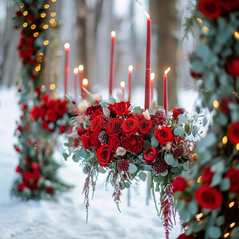 Romantic Winter Setting Wedding Decor Enhanced with Classic Red Roses ...