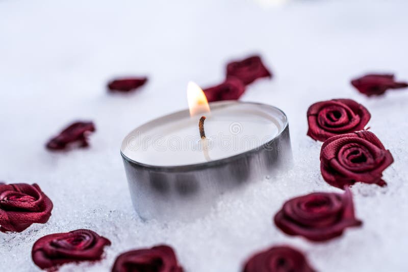 Romantic Winter Tea Light on Ice Surrounded by Rose Bloom Stock Photo ...