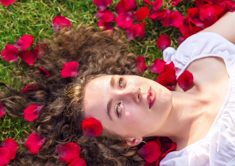 Romantic Woman in Rose Petals Stock Image - Image of body, caucasian ...