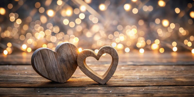 Romantic Wooden Hearts on Rustic Table with Festive Lights. Generative ...