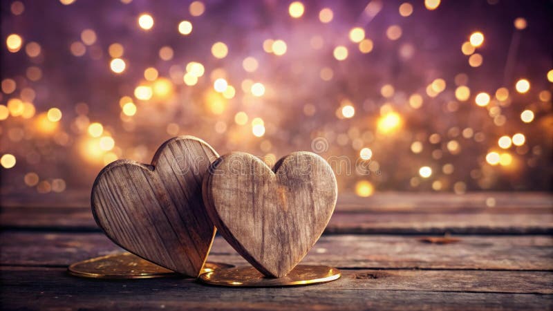 Romantic Wooden Hearts on Rustic Table with Warm Lights. Generative AI ...