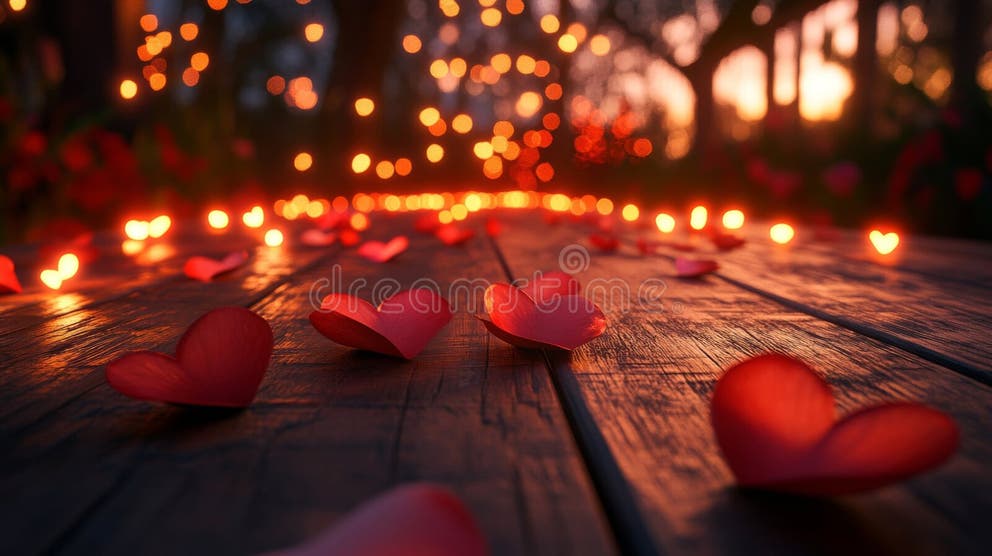 Romantic Wooden Table Setting with Hearts and Lights Stock Illustration ...