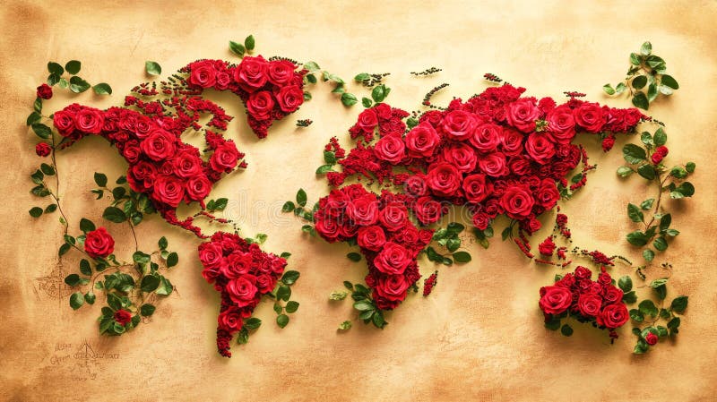 Romantic World Map Created with Blooming Red Roses on Vintage Parchment ...