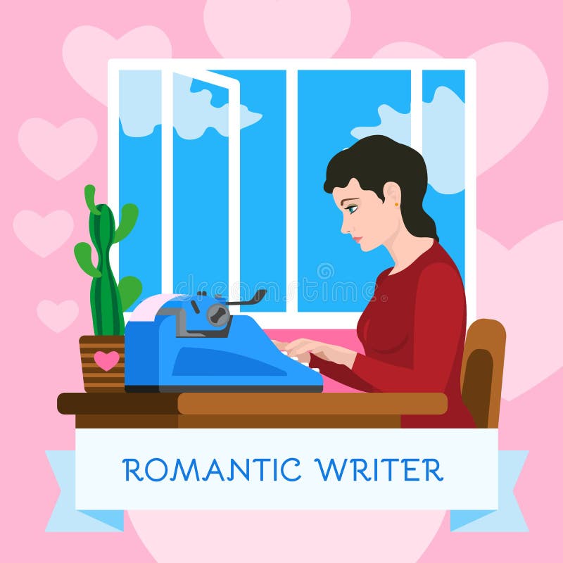 Romantic Writer Typewriter Concept Background, Flat Style Stock Vector ...