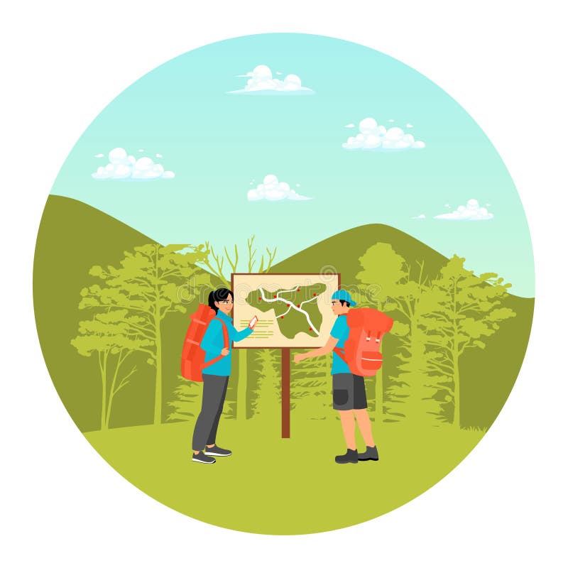 Romantic Young Couple Checking Hiking Route Map on Beautiful Mountain ...
