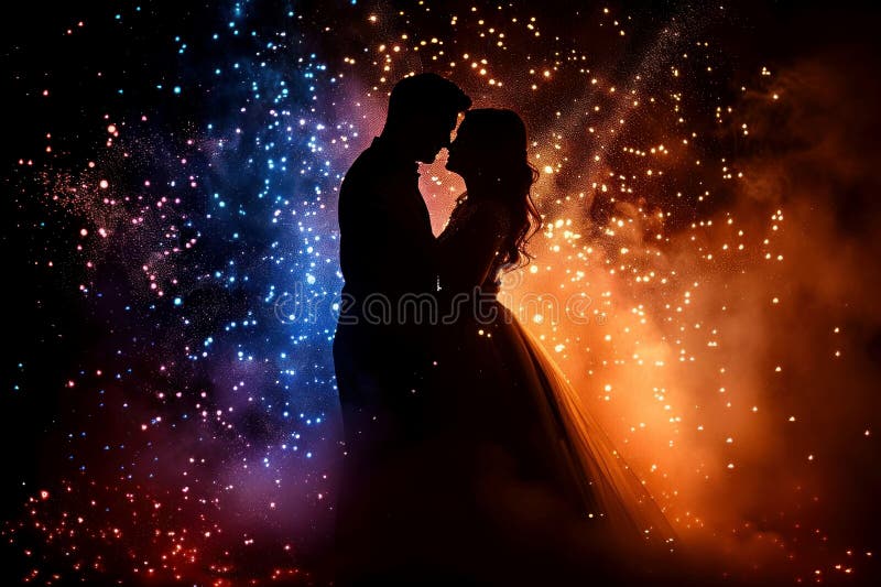 Romantic Young Couple Kissing Surrounded by Shines and Lights Stock ...