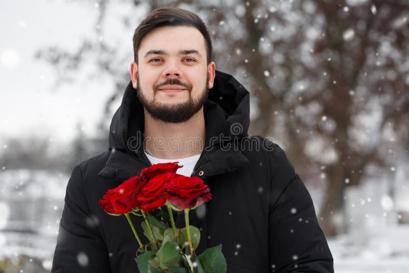 Romantic Young Man with Bouquet of Red Roses Stock Image - Image of ...