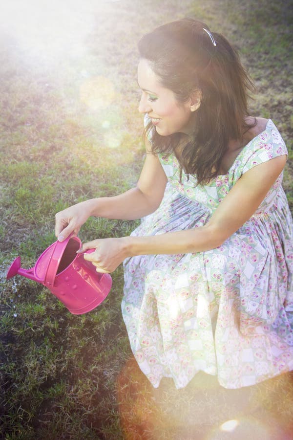 Romantic Young Woman in Spring Watering Stock Image - Image of ...