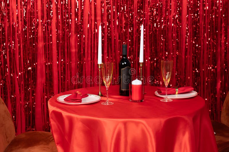 Romantically Decorated Table and Hall in Red Color for Dinner in the ...