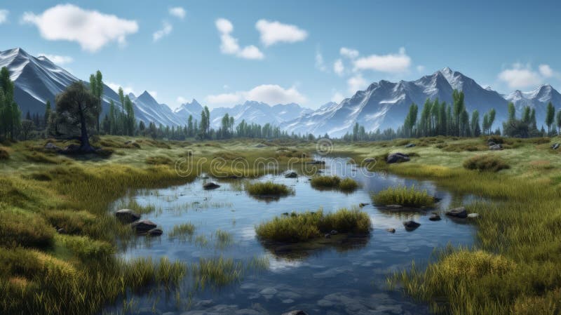 Romanticized 3d Landscape: Grass on Water with Cryengine Graphics Stock ...