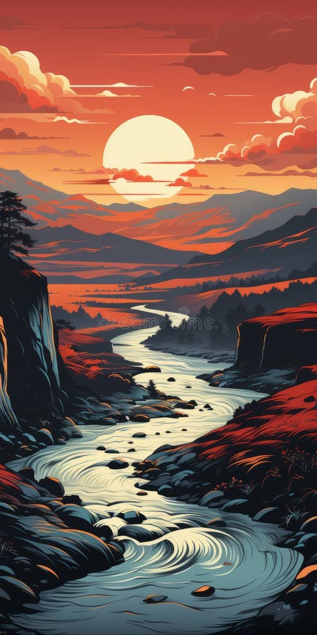 Romanticized Red River Vector Illustration for Vintage Poster Design ...