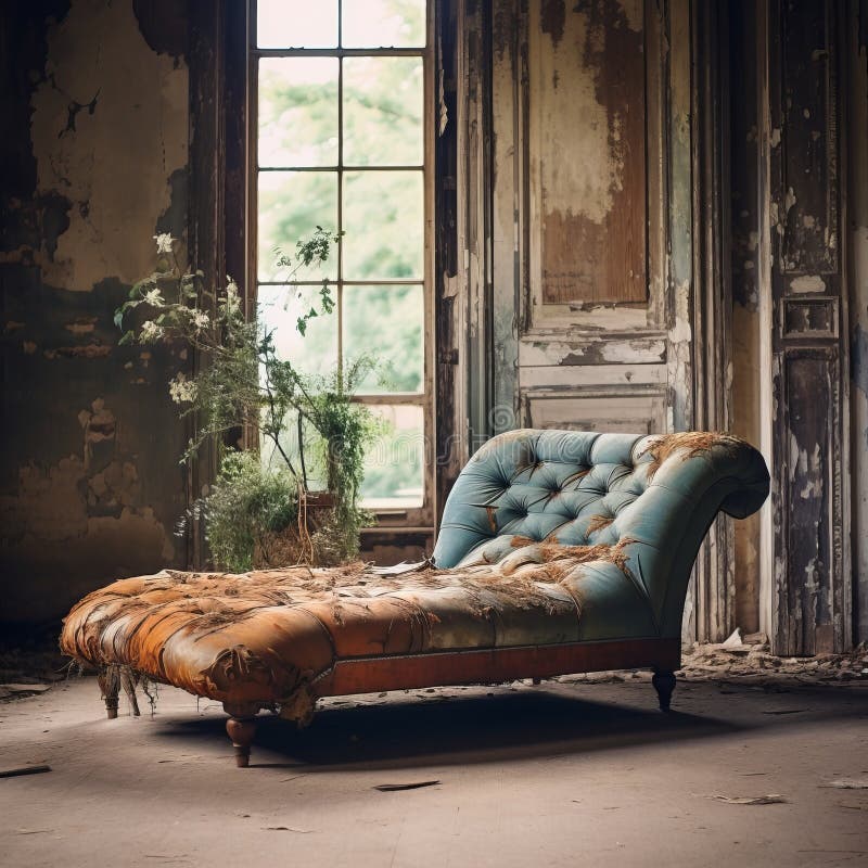 Romanticized Views of an Abandoned Chesterfield Sofa in Ruined ...