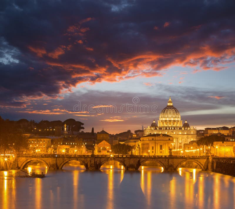 Rome - Angels Bridge and St. Peters Basilica in Red Evening Dusk Stock ...
