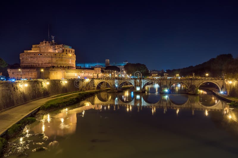 Rome, the Castle and the Bridge Angel, Night Landscape. Stock Image ...