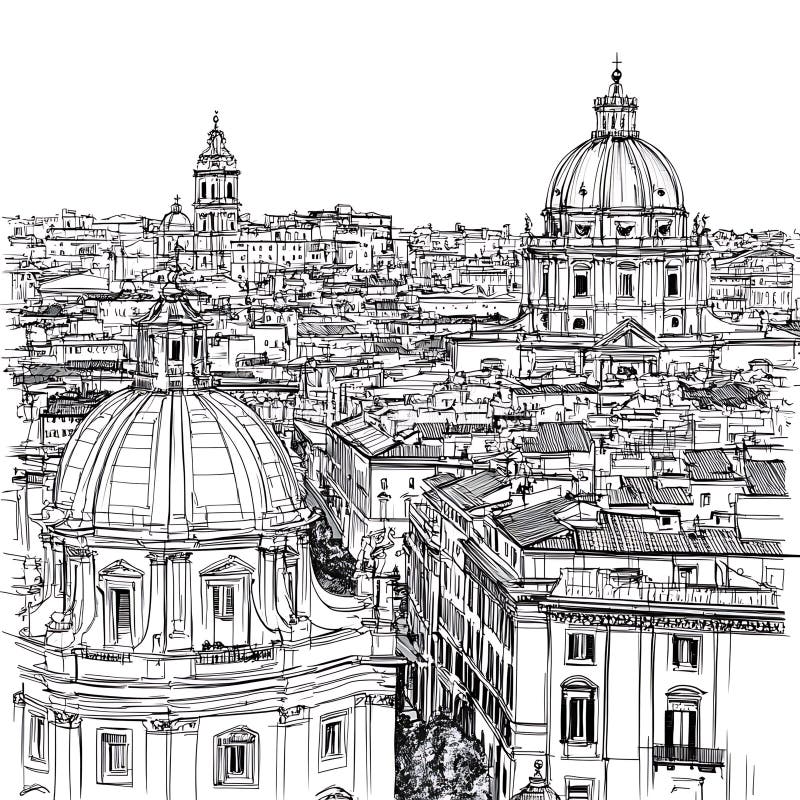 Rome Cityscape Sketch, Architectural Domes, Buildings, Streets Stock ...