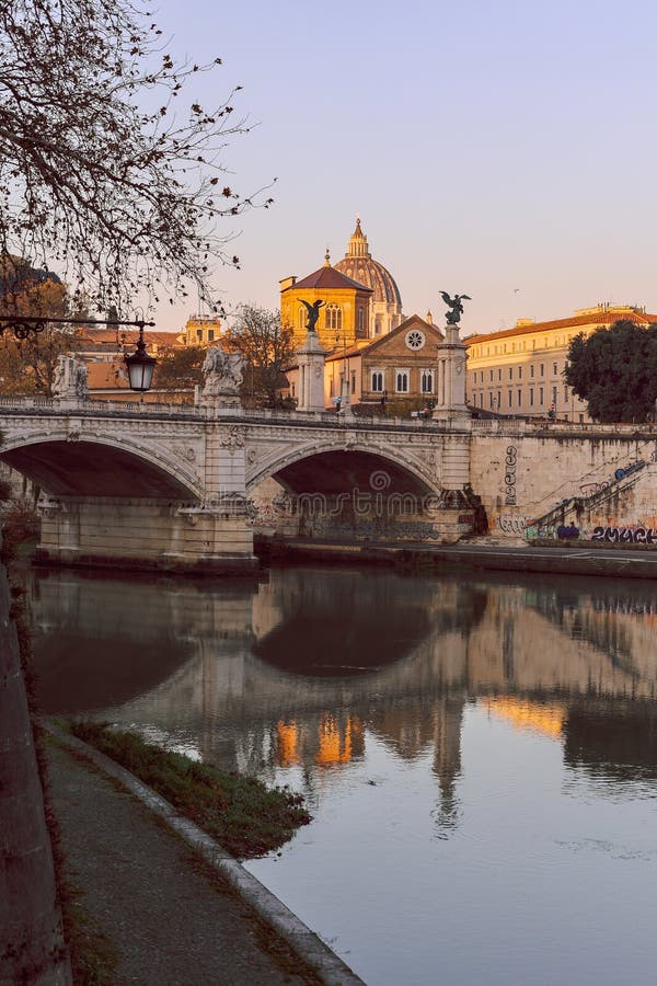 Rome in Morning. Panoramic View of Castel Sant Angelo and Bridge in ...