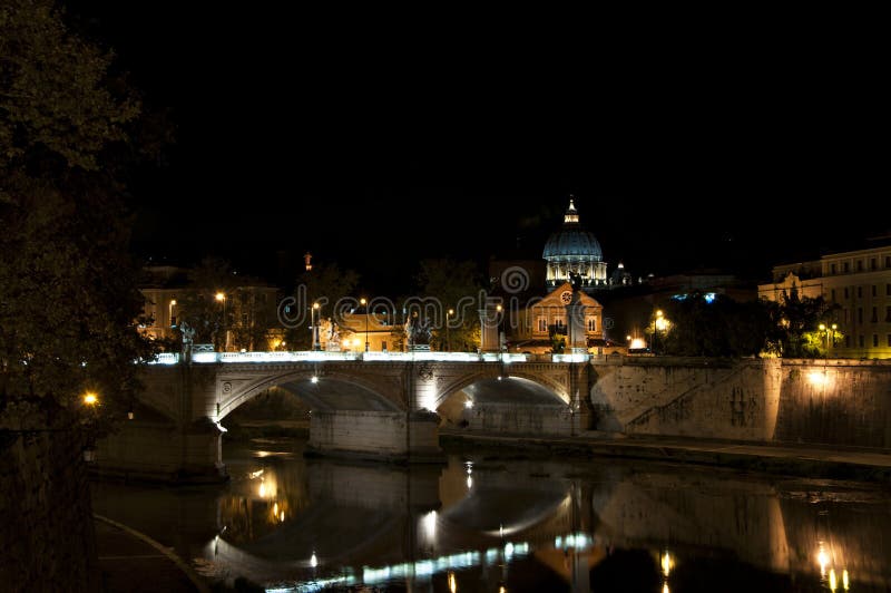 Tiber River, Bridge and Reflections on Water. Night Rome, Italy. Stock ...